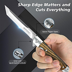 ohmonlyhoo Pocket Knife for Men, 3.5 inch Folding Knife with Wooden Handle and Leather Sheath, Edc ​Tanto Knife for Men and Women