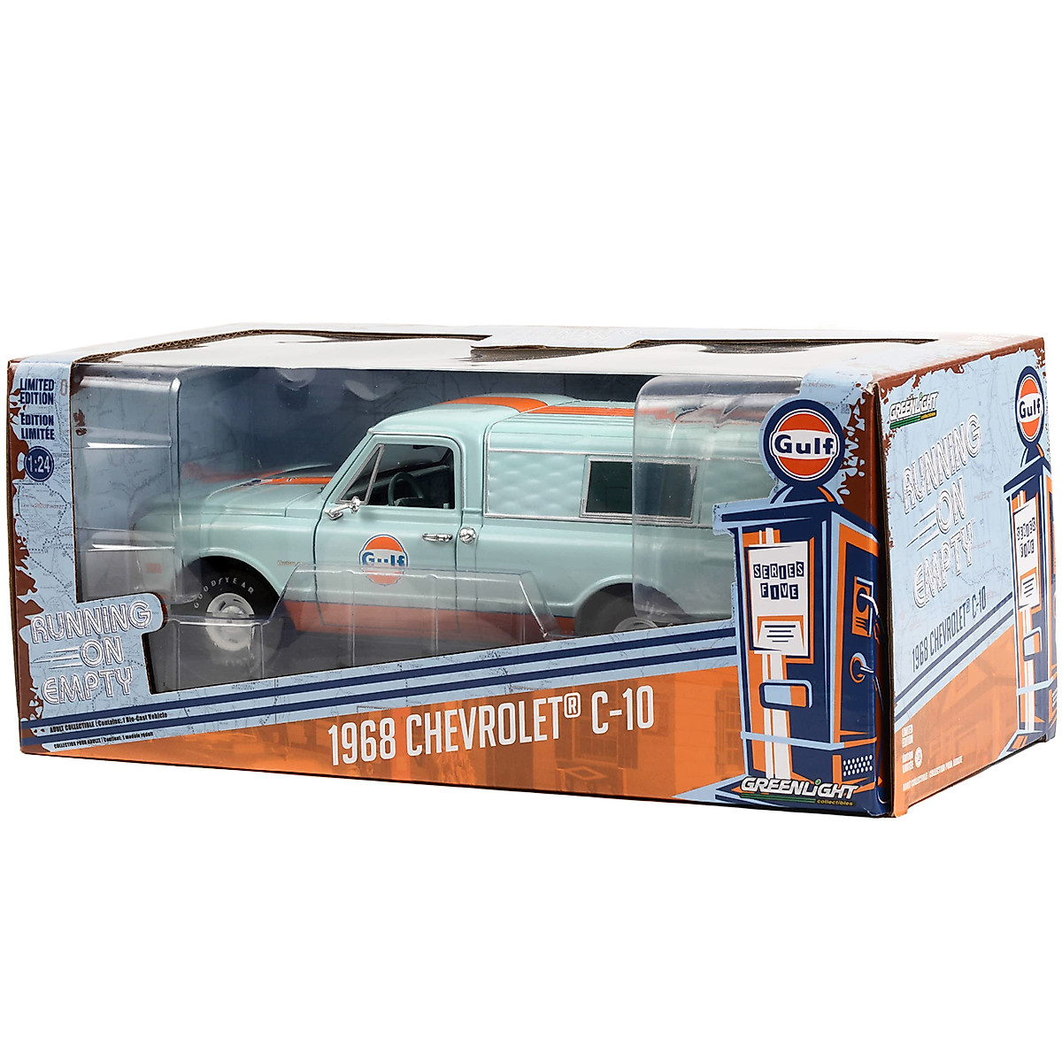 Toy Cars 1968 Chevy C-10 Pickup Truck Light Blue w/Orange Stripes w/Camper Shell Gulf Oil Running on Empty Series 5 1/24 Diecast Model Car by Greenlight 85062