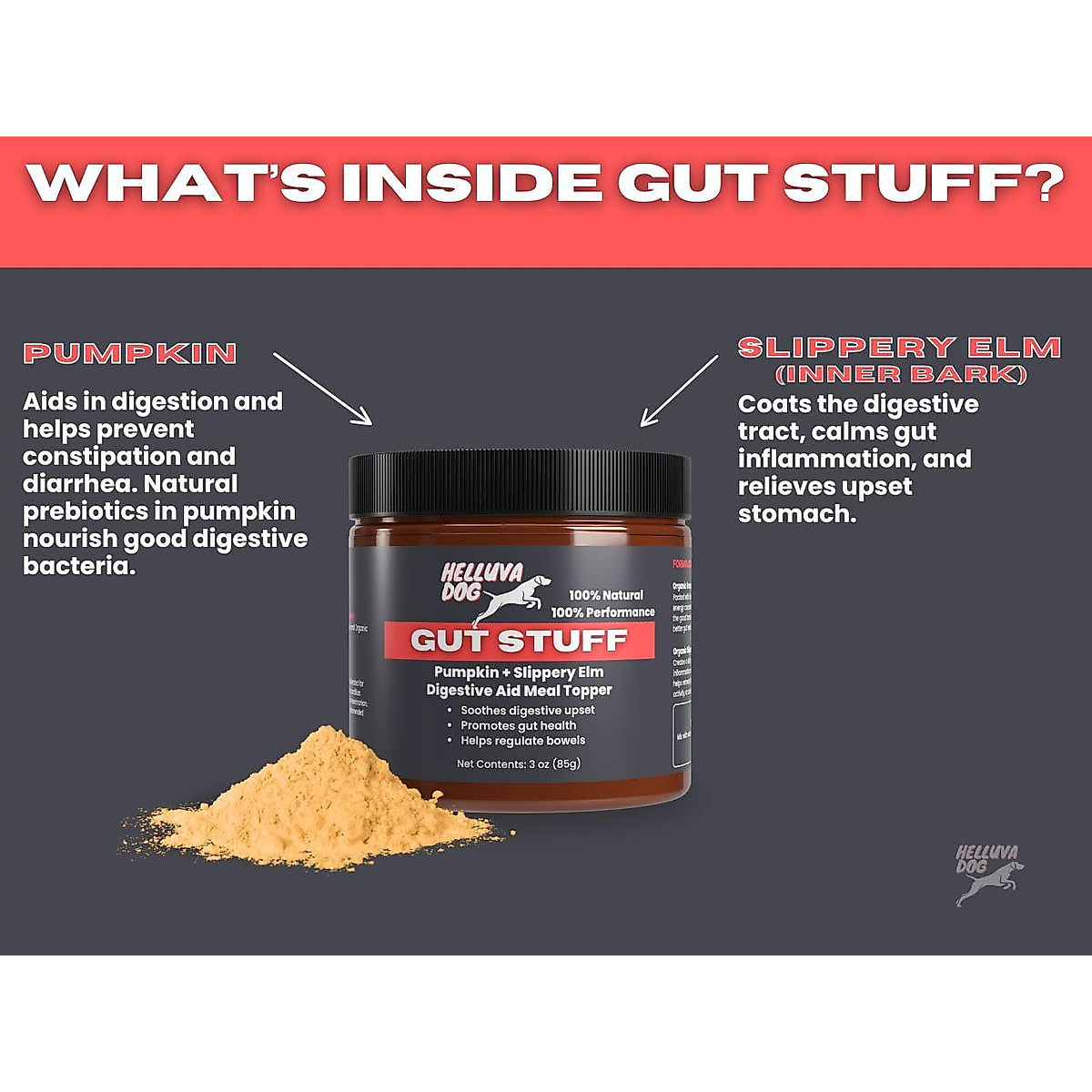 Gut Stuff by Helluva Dog — Digestive Aid Meal Topper for Active Sporting Dogs — Pumpkin & Slippery Elm for Dog's Upset Stomach & Better Gut Health, Packed with Fiber - 3oz