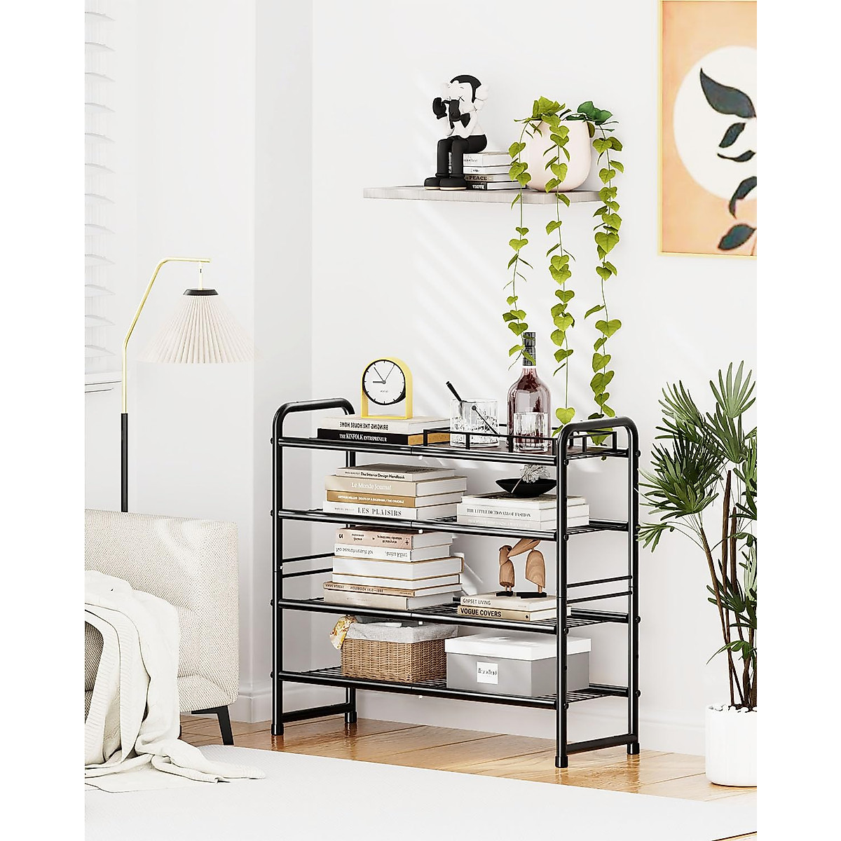 SUFAUY Shoes Rack Shelf for Closet Metal Stackable Shoe Organizer, Expandable & Adjustable Storage Shelves, Wire Grid, 4-Tier, Black