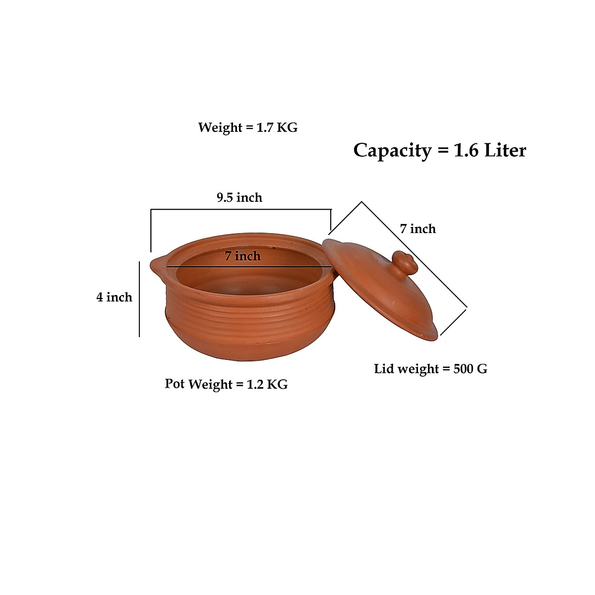 Village Decor Earthen clay cooking pot with lid (Capacity = 1000-1500 ml, Brown)