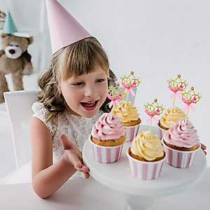 Morndew 24 PCS Gold Glitter Princess Crown Cupcake Toppers Tiara Cupcake Toppers with Pink Bows for Kids' Birthday Party Wedding Party Baby Shower Decorations