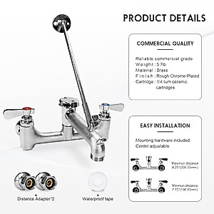 Mop Sink Faucet Service Sink Faucet with Vacuum Breaker, Pail Hook & Garden Hose Thread, 8" Adjustable Center