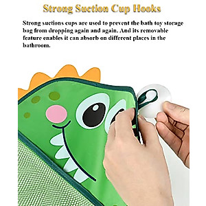 NEXTAKE Baby Bath Toy Organizer, Lovely Cartoon 2 Sided Mesh Hanging Bathtub Toy Holder Quick Dry Mesh Storage Box Large Capacity Tub Toy Storage Bag with 2 Strong Suction Cup Hooks (Dinosaur)