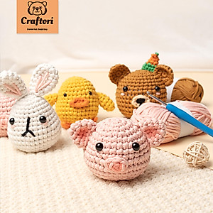 Abudada Craftori Crochet Kit for Beginners - Complete Starter Kit with Easy to Stitch Yarn, Step by Step Video Tutorials - Perfect DIY Gift - 2 Animals, Bird and Piggy