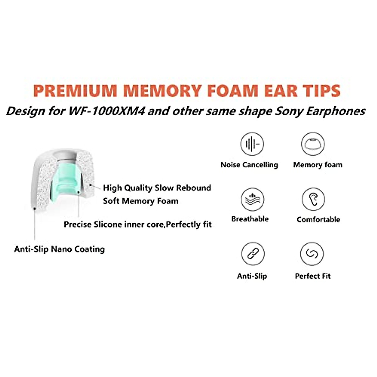 JNSA Replacement for WF 1000XM4 1000XM3 Memory Foam Ear Tips Noise Canceling Foam Eartips Ear Plug Earbud Tips M Size 3 Pairs, [Fit in Case], Silver,Medium Size (FoamXM4S3PM)