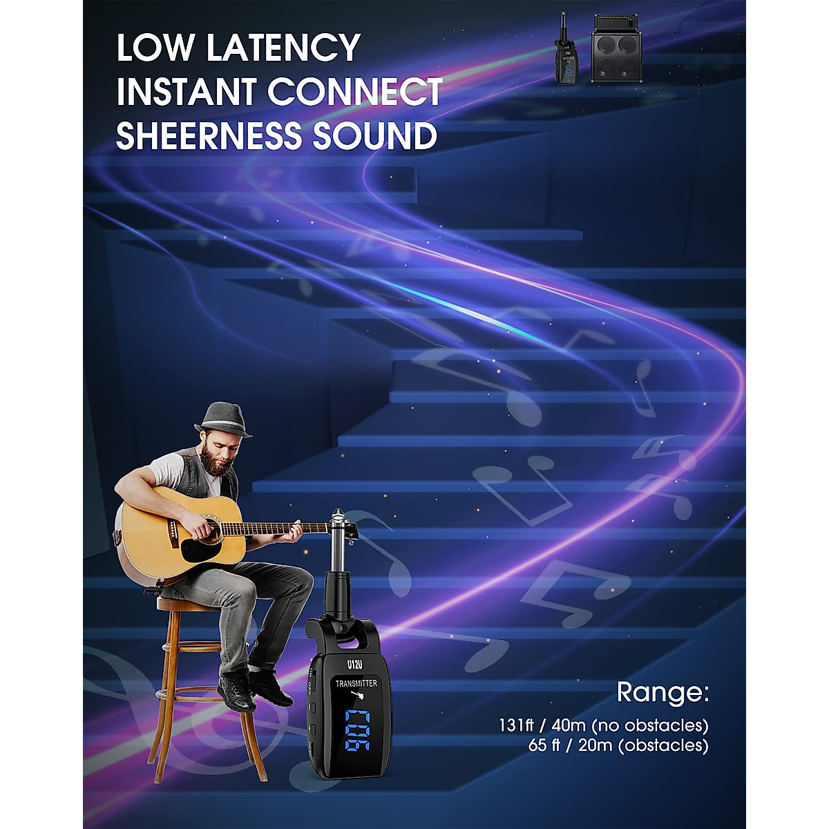 TTSTAR ISAIBELL Wireless Guitar System Instrument System Electric Guitar Transmitter Receiver Rechargeable Bass Accessories Digital Display Stereo Jack Audio Cable Adapter 15Set Frequency