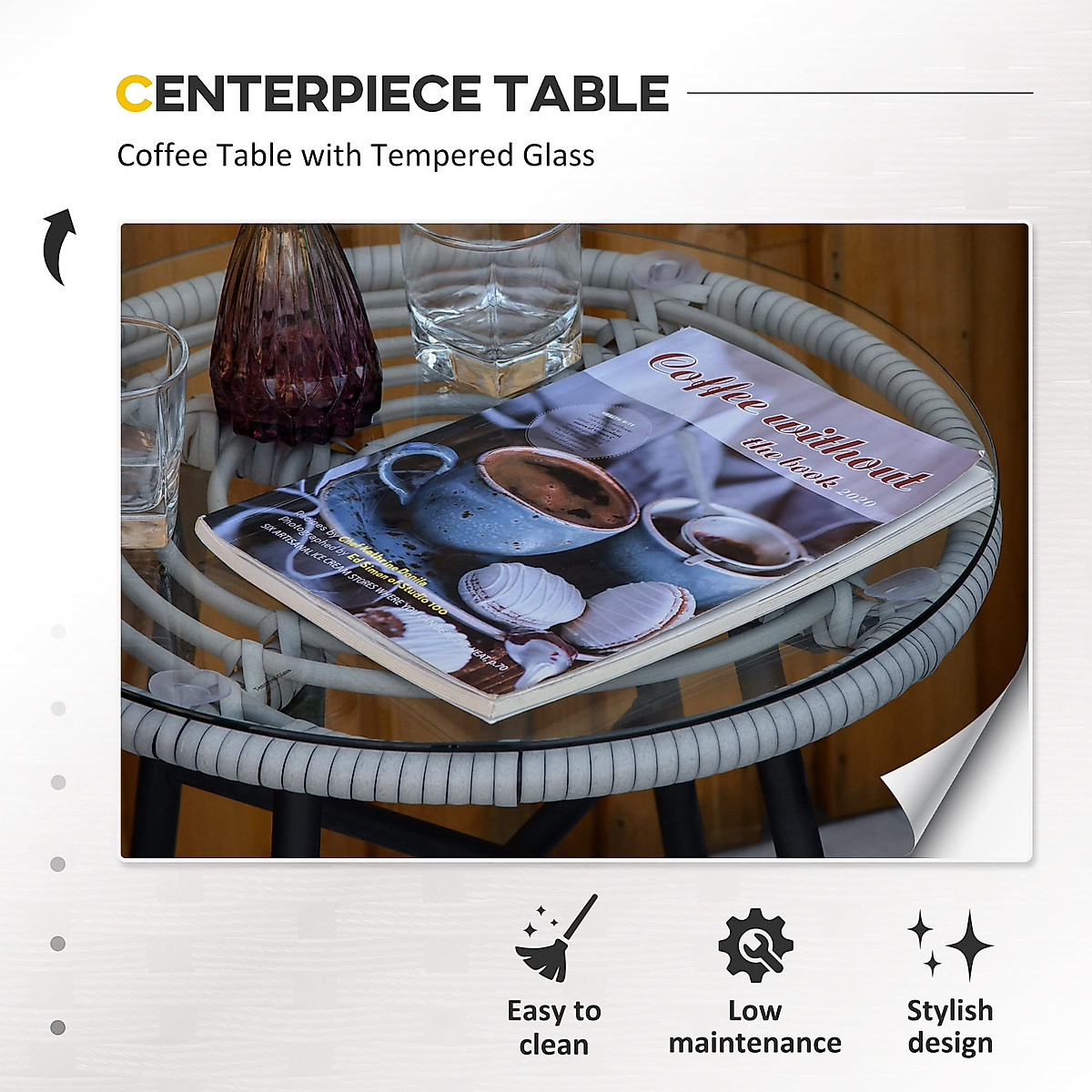 Outsunny 3 Piece Patio Bistro Set, PE Rattan Outdoor Furniture with Cushioned Barrel Chairs & Glass Coffee Table, Conversation Set for Porch, Backyard, Apartment, Balcony, Mixed Gray