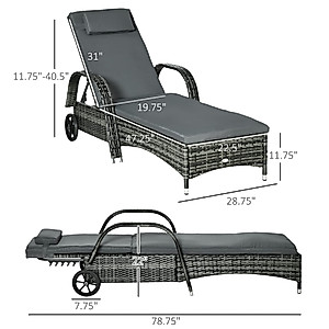 Outsunny Wicker Outdoor Chaise Lounge Set of 2, 5-Level Adjustable Backrest PE Rattan Pool Lounge Chair with Wheels, Cushion & Headrest, Mixed Gray and Charcoal Gray