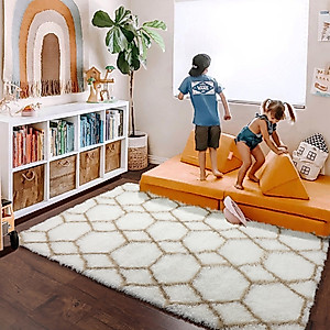 ONASAR Geometric Boho Area Rug for Living Room Bedroom, 4x6 White and Beige Rug, Shaggy Fluffy Area Rugs for Classroom, Dorm, Office, Playroom, Kids Room Decor, Nursery Rug Neutral, Soft Carpet