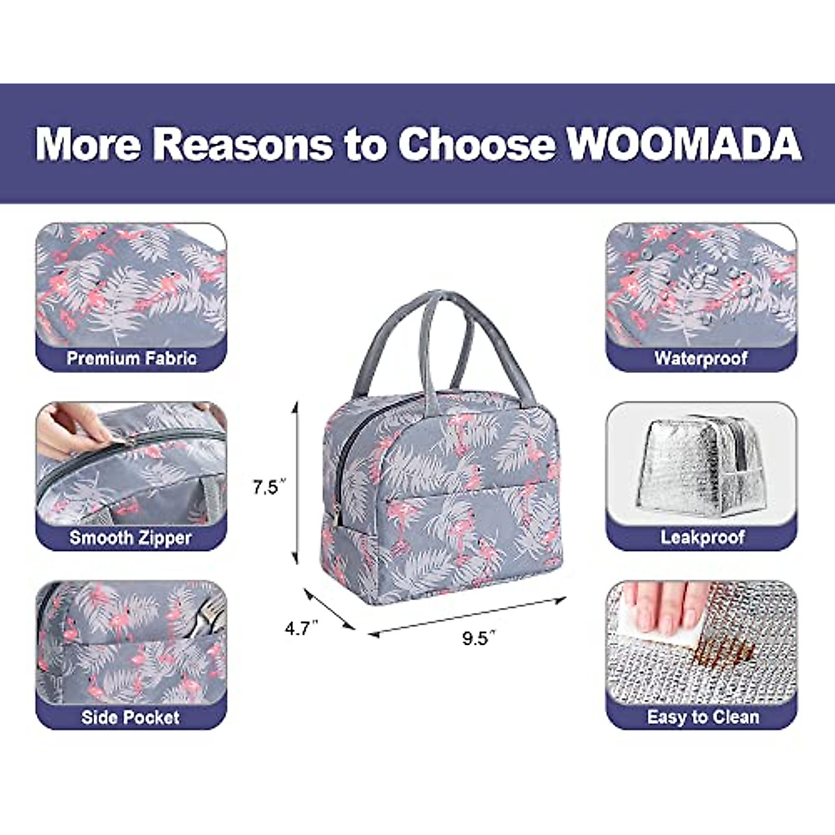 WOOMADA Insulated Lunch Bag for Women Men Reusable Waterproof Lunch Box Cooler Tote Bag with Pockets for Office Work, Picnic, Travel (flamingo)