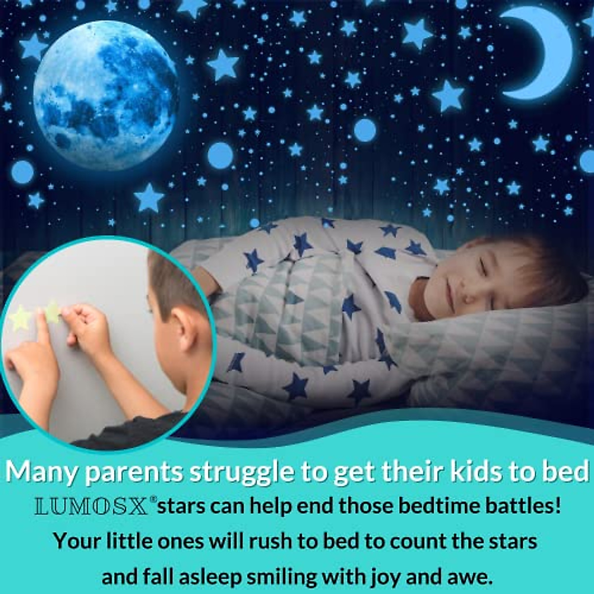 LUMOSX Glow in the Dark Stars for Ceiling - 1050pcs w/BONUS Constellation E-Book and Moons for Ceiling Decor | Glow in The Dark Stickers of Ceiling Stars, Glowing Star Decal Decoration, Star Ceiling for Kids Room Decor Kids Wall Decor