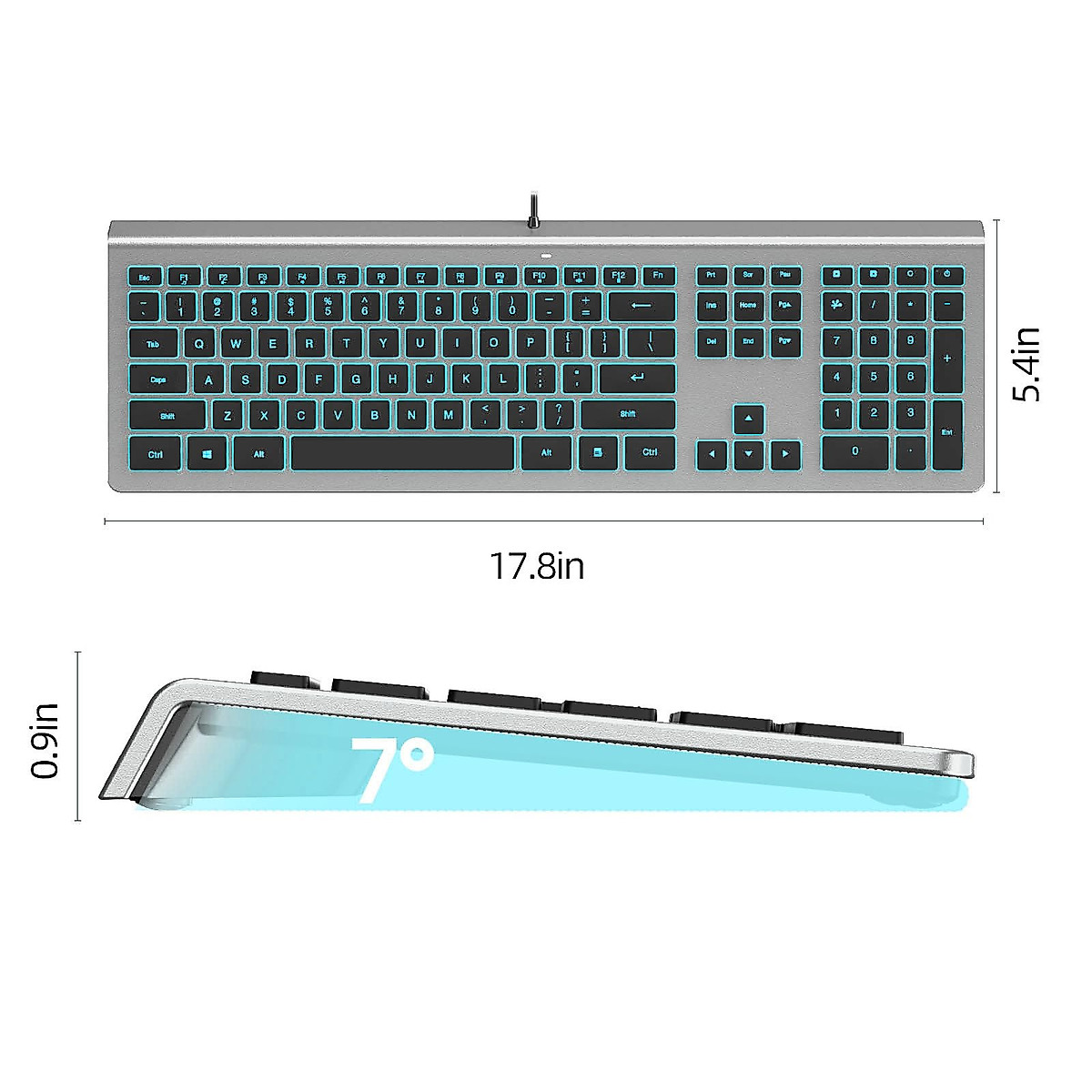 B.FRIENDIT Backlit Wired USB Keyboard, Comfortable Quiet, Low Profile Flat Chocolate/Scissor Keys, Durable Ultra-Slim for Windows 11/10/8/7/Vista Desktop PC, Laptop - Silver Black
