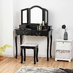 KJNS Vanity Set Makeup Dressing Table Tri Folding Mirror Stool 4 Drawers Black Vanity Desk Makeup Vanity Side Tables Bedroom Vanity Table Portable Desk Vanity Set