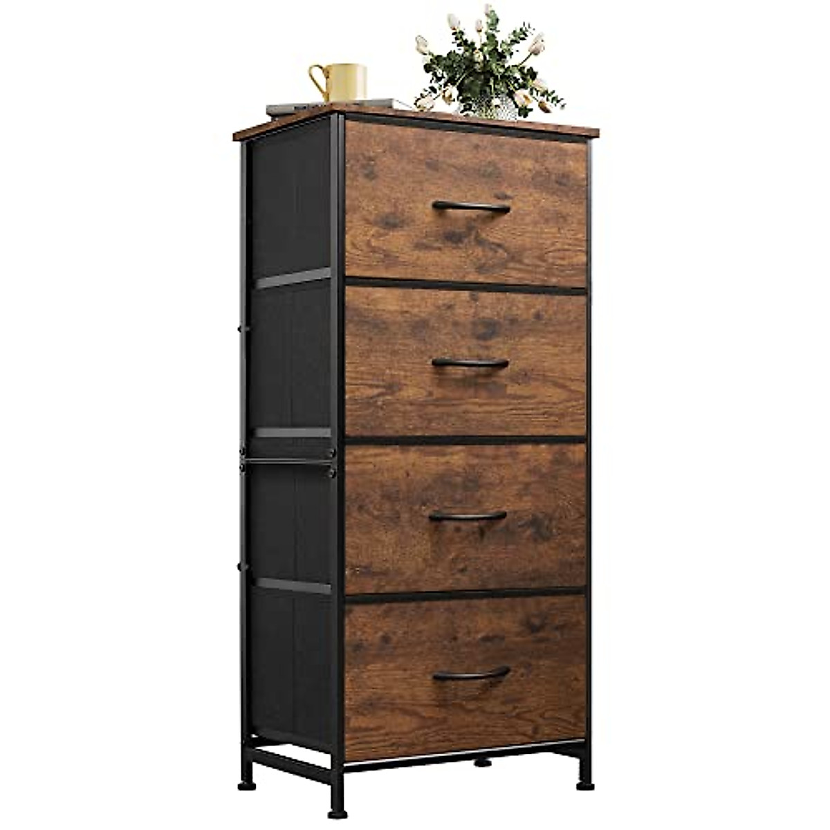 WLIVE Dresser with 4 Drawers, Fabric Storage Tower, Organizer Unit for Bedroom, Hallway, Entryway, Closets, Sturdy Steel Frame, Wood Top, Easy Pull Handle, Rustic Brown Wood Grain Print