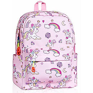 LESNIC Pink Unicorn Kids Backpack Medium, 12 inch Lightweight Breathable Cute Small Rucksack, Buckles in the Chest for Kids, Rainbow Preschool Kids Bag
