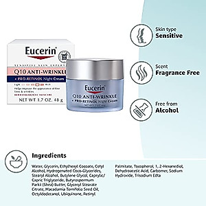 Eucerin Q10 Anti-Wrinkle Night Cream + Pro-Retinol, Facial Cream for Sensitive Skin, 1.7 Oz Jar