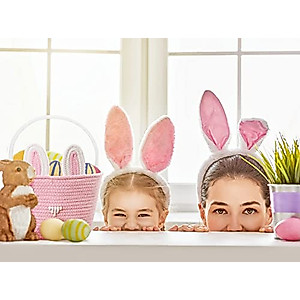 2Pcs Rabbit Easter Baskets for Kids,Hand Woven Cotton Rope Bunny Basket with Handle for Easter Stuffer & Egg Hunt, Decorations, Candy Gifts Storage (Pink & White)