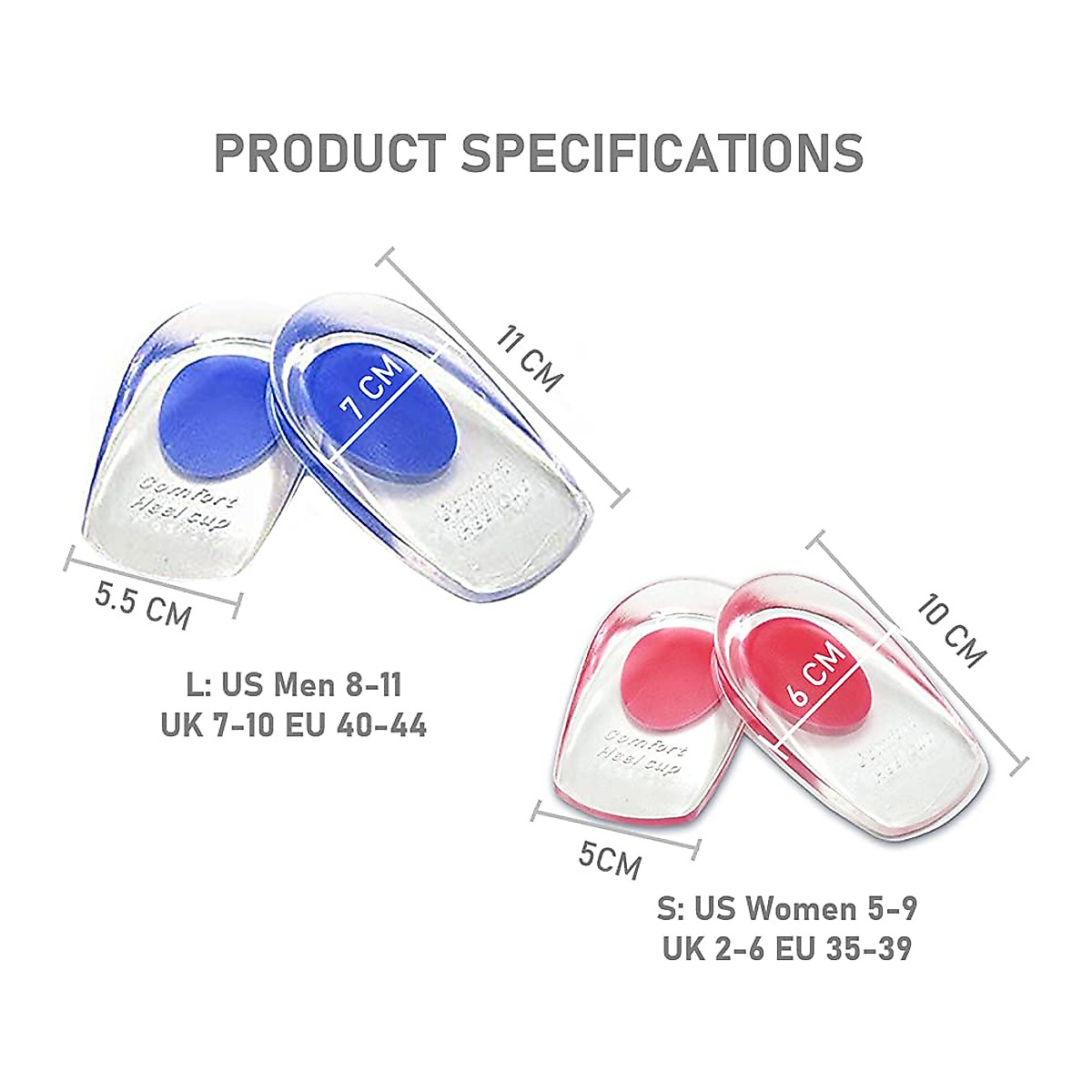 VivoFoot Gel Heel Cups, Shoe Inserts for Plantar Fasciitis, Heel Spur & Achilles Pain Relief, Heel Lift Inserts for Men & Women (Large: Men 7-11) Blue