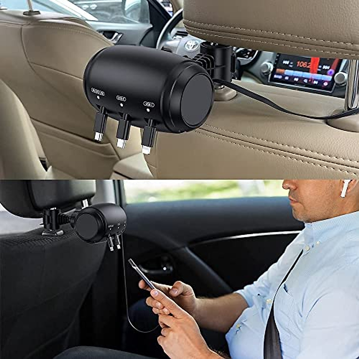 Multi Retractable Carbackseat Charger 3 in 1 - Compatible with All Type of Cellphones - Car Power Charging Station for iPhone/iPad/Android, Back seat Passengers | Share Ride (Black)