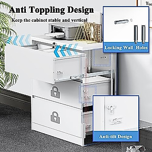 Hak Metal 3 Drawer Lateral File Cabinet with Lock, Black Office File Cabinet for Storing Legal/Letter A4 Size File, Mordent Locking Lateral Filing Cabinets for Home Office (White)