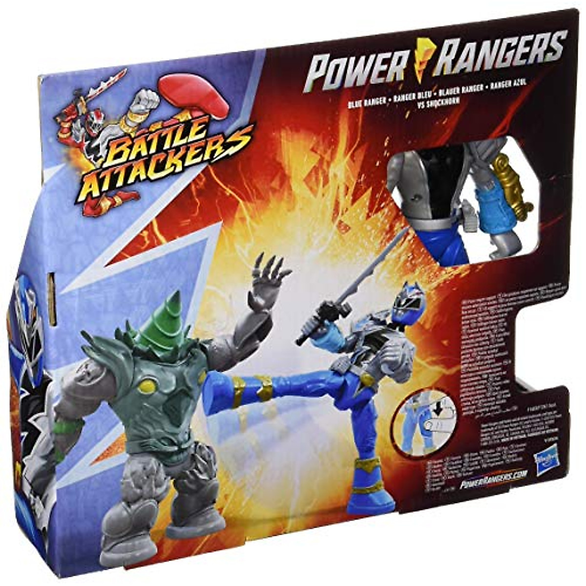 Power Rangers Dino Fury Battle Attackers 2-Pack Blue Ranger vs. Shockhorn Kicking Action Figure Toys with Accessory Inspired by TV Show Ages 4 and Up