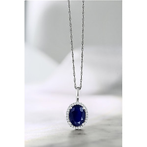 Gem Stone King 10K White Gold 8X6MM Oval Gemstone Birthstone and Diamond Necklace | Halo Pendant Necklace for Women | White Gold Necklace | With 18 Inch Chain