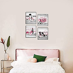 African American Wall Art Black Girl on The Beach Pink Flowers, Perfume Handbags High Heels Modern Black and White Canvas Prints Framed Wall Decor for Girls Bedroom, Set of 4. 8x10in UNFRAMED