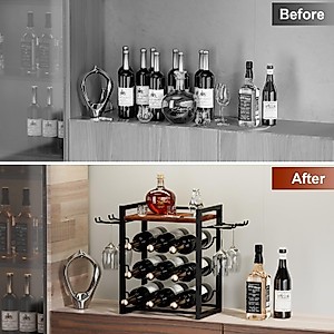 NANAGIFTREE Wine Rack Countertop, Wooden Wine Stand with Tray, Holds 9 Wine Bottles and 4 Glasses, Freestanding Wine Rack for Home, Kitchen, Bar, Wine Cellar