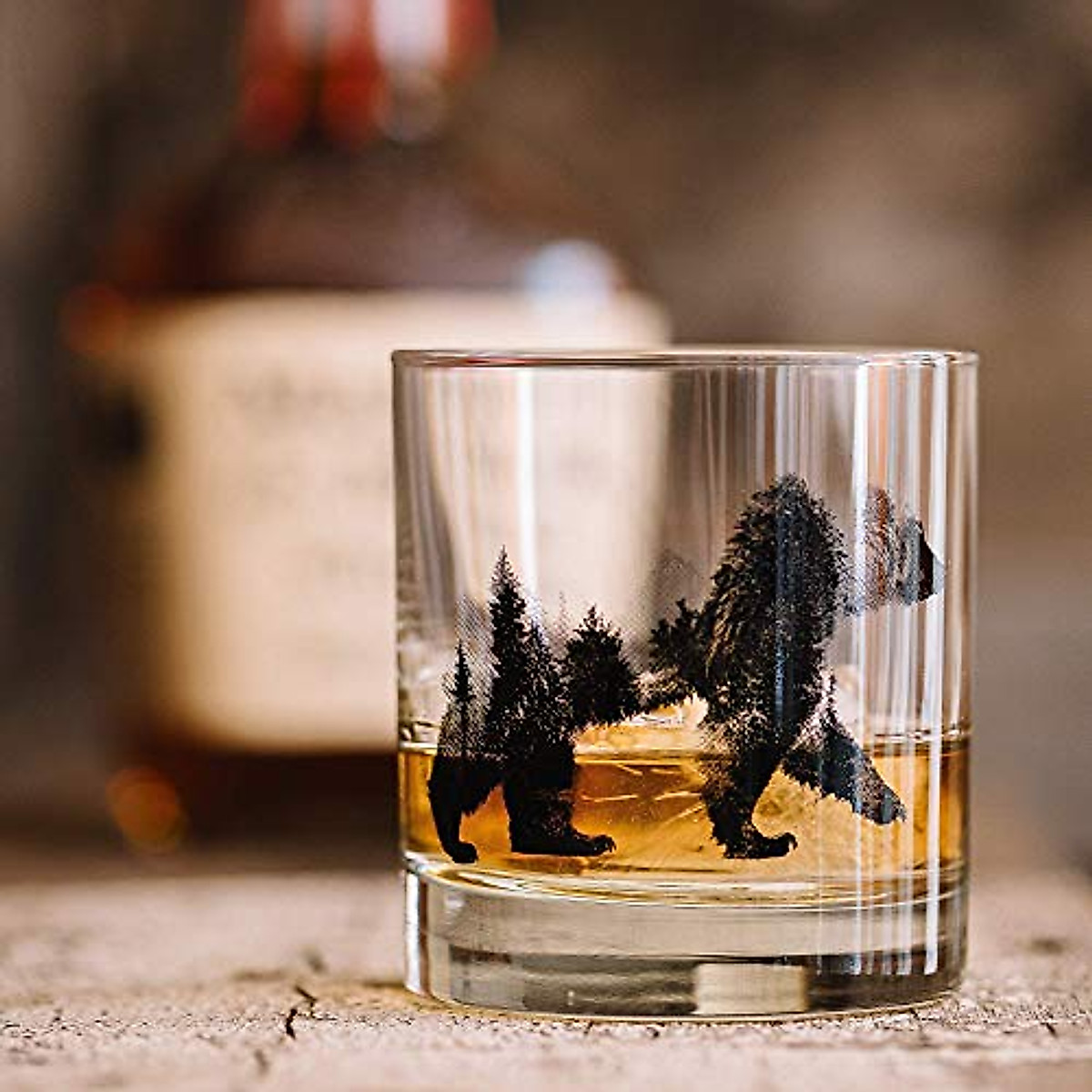 Black Lantern Whiskey Glasses – Handmade Whiskey Glass Set and Bar Glasses – Double Exposure Bear Design (Set of Two 11oz. Glasses)