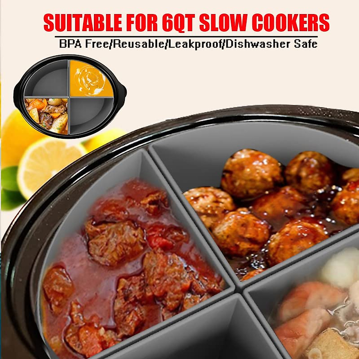 Slow Cooker Divider Liner fit 6 QT Crockpot, Reusable & Leakproof Silicone Crockpot Divider, Dishwasher Safe Cooking Liner for 6 Quart Pot (Grey)