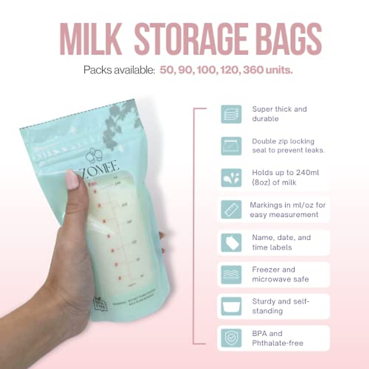 90 Count Zomee Breast Milk Storage Bags - 8 OZ/240 ML, Leak Proof, Double Zipper Seal, Self-Standing, for Storage of Breast Milk in Fridge or Freezer