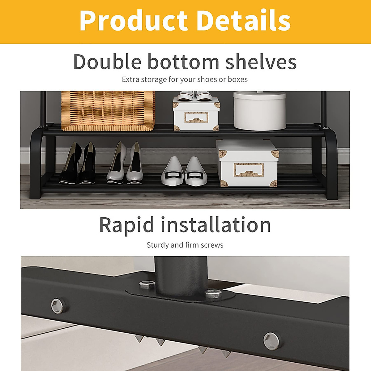 UDEAR Garment Rack Free-standing Clothes Rack with Top Rod,Lower Storage and 6 Hooks,Black