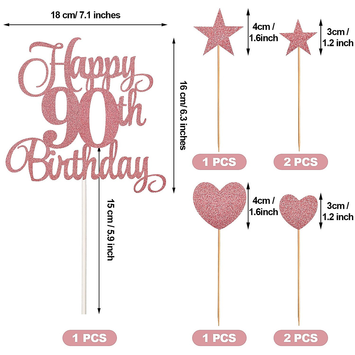 90th Birthday Cake Decorations Set Include 90th Birthday Candles Numeral 90 Cake Candles and Happy 90th Birthday Cake Toppers with Heart Star Cupcake Picks for Birthday Party (Rose Gold Series)