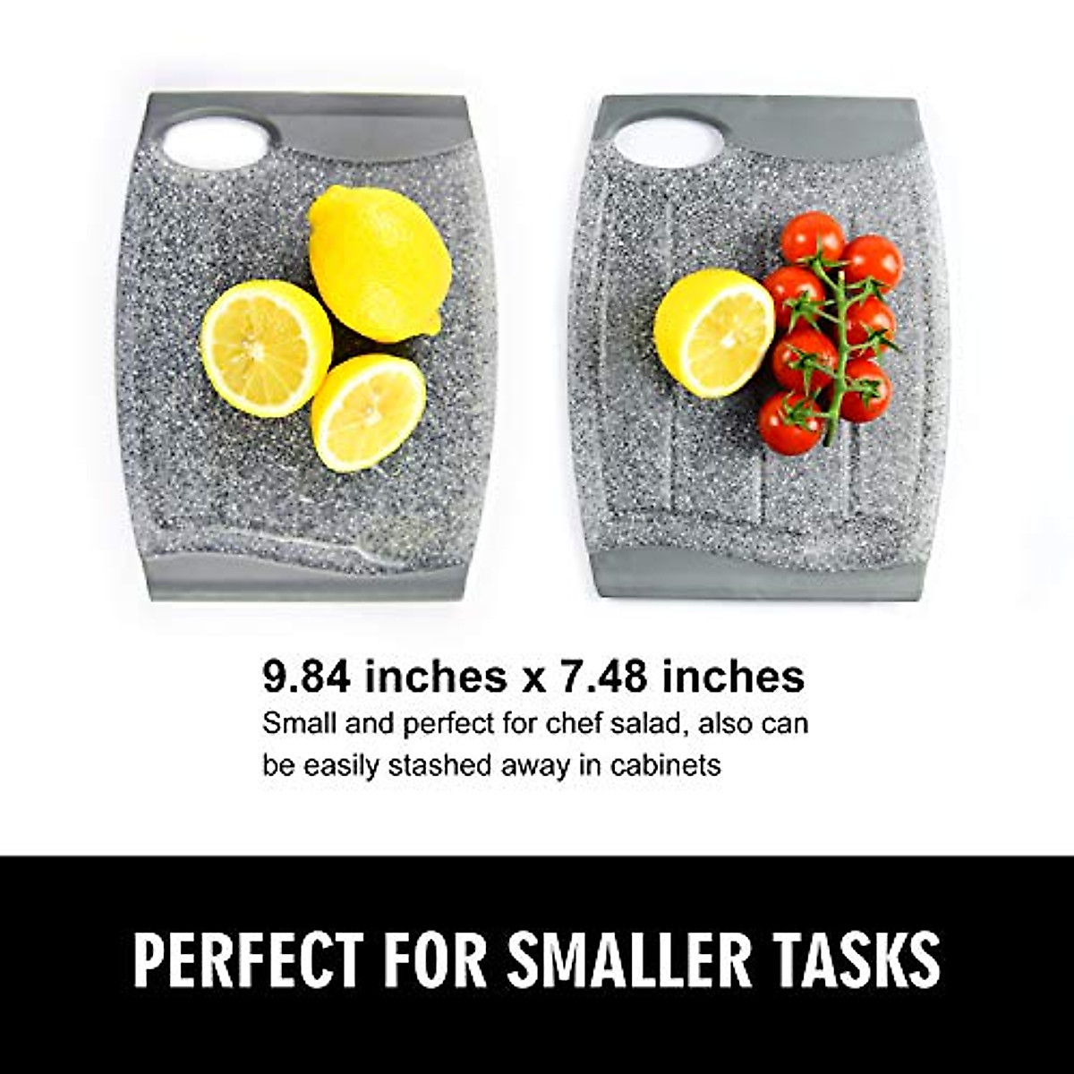 Small Plastic Cutting Board Set of 2, Mini Cutting Board for Small Kitchen Tasks, Non Slip Edges, Unique Design with Multiple Juice Grooves! BPA Free, Non-Porous, Dishwasher Safe (9.84" x 7.48")