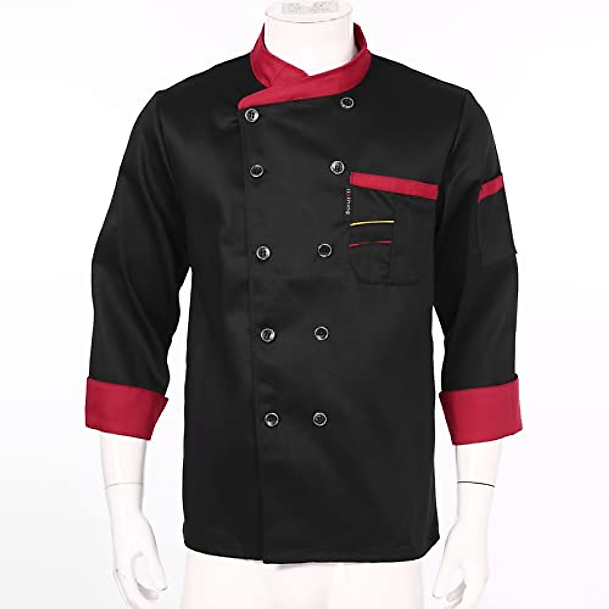 iiniim Unisex Chef Coat Women Men Short&Long Sleeve Chef Jacket Double-Breasted Kitchen Cooking Chef Uniform Black Red Cuffs Medium