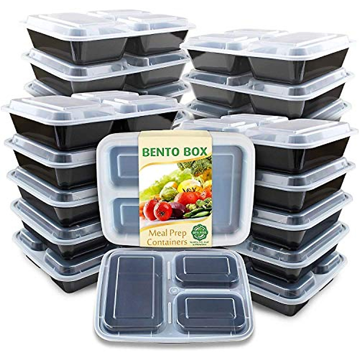 Enther Meal Prep Container 20 Pack 3 Compartments with Lids Food Storage Bento Box BPA Free/Reusable/Stackable Lunch Planning, Microwave/Freezer/Dishwasher Safe, Portion Control 36oz