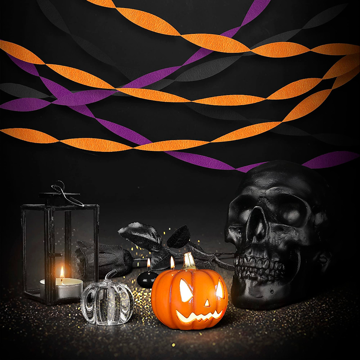 Black Orange Purple Streamers, 3 Rolls Party Decoration Crepe Paper Kit, Halloween Streamer Hanging Garland for Theme Party Backdrops Decoration (Black, Purple, Orange)