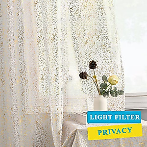 TERLYTEX Gold White Sheer Curtains 2 Panels, Metallic Gold Sheer Curtains 72 Inch Length, Rod Pocket Privacy Sparkle Glitter Gold Sheer Curtains for Living Room, 52 x 72 Inch, 2 Panels, Gold White