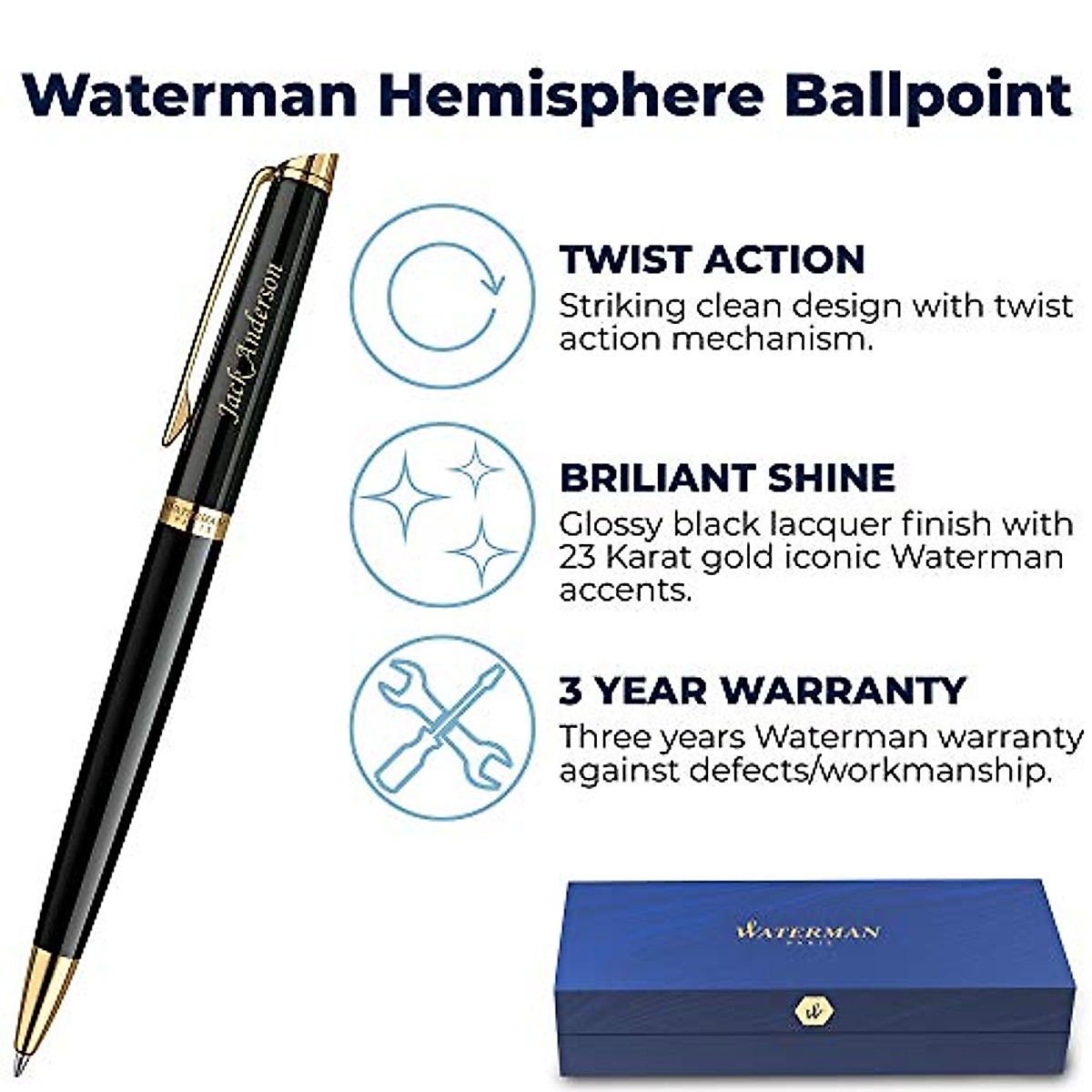 Dayspring Pens Personalized Waterman Pen | Engraved Waterman Hemisphere Lacquer Black with Gold Trim Ballpoint Pen. Luxury Gift Pen. Custom Engraved