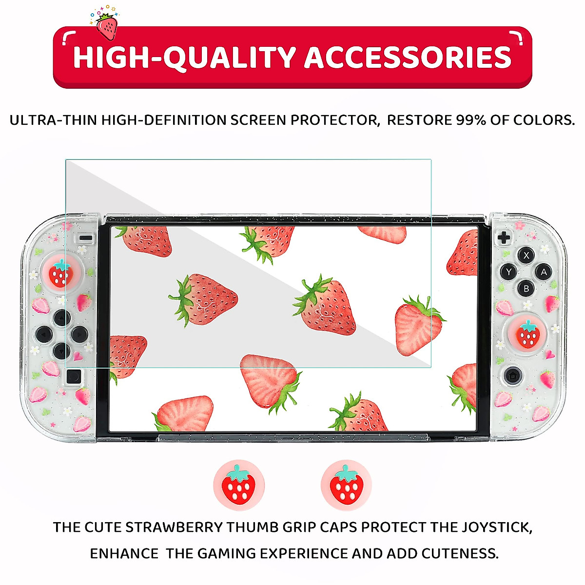 FANPL Cute Carry Case Bundle for Nintendo Switch OLED 2021, Cover Accessories Set with Pink Strawberry Travel Bag, Glitter Strawberry PC Shell, Adjustable Shoulder Strap, Thumb Grips, Screen Protector