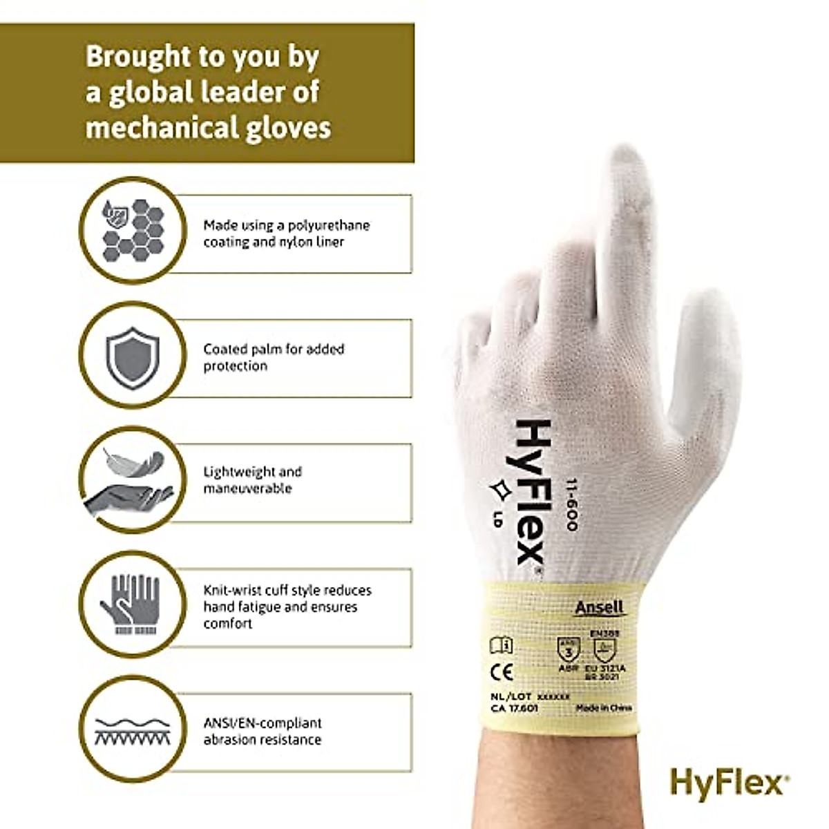 Ansell HyFlex 11-600 Nylon Polyurethane Glove, Gray Polyurethane Coating, Knit Wrist Cuff, Large, Size 9 (Pack of 12 Pairs)