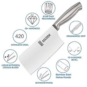 ADCODK Cleaver Knife-Chinese Chef Sharp Knife Butcher Vegetable Meat Cutting Slicing Asian Kitchen Knife Stainless Steel Hollow Handle