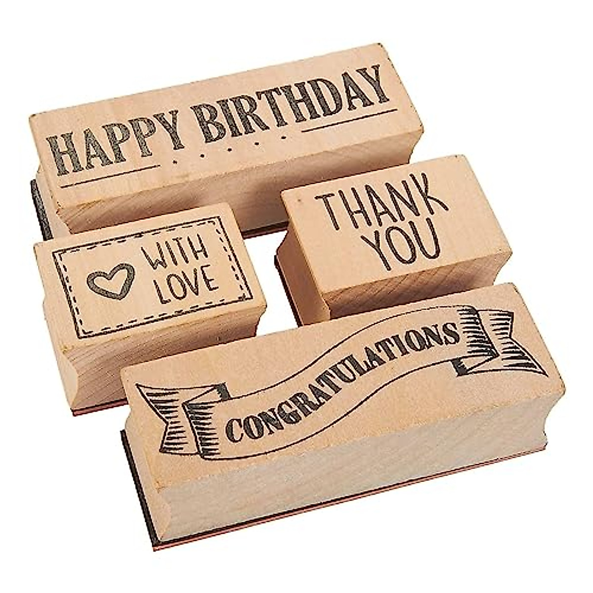 4-Piece Card Making Stamps Set - Wood Mounted Rubber Stamps for Card Making, DIY Crafts, Scrapbooking - Happy Birthday, Thank You, Congratulations, with Love