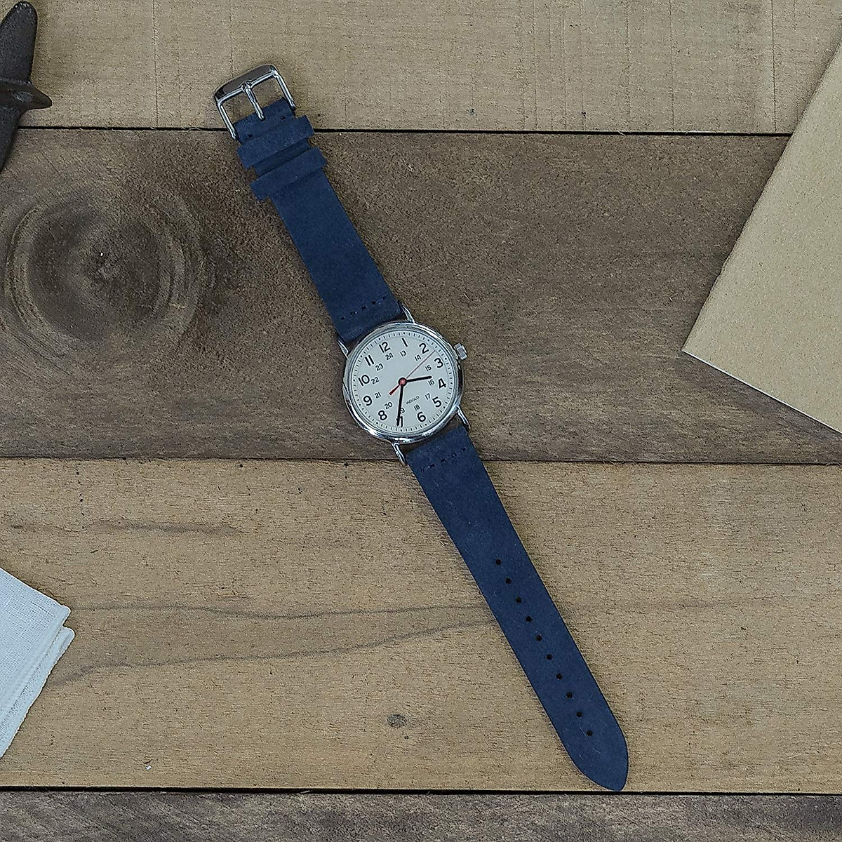 Benchmark Basics Navy Blue 22mm Suede Watch Strap - Vintage Leather Watch Band for Men & Women - Compatible with Regular & Smart Watches
