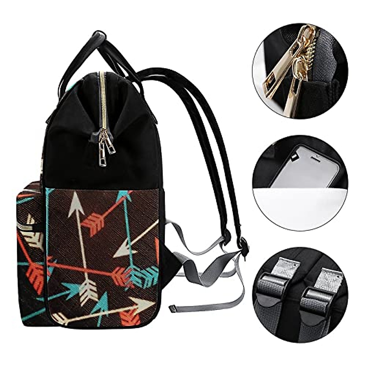 Multicolored Arrows Diaper Bag Backpack Large Capacity Mommy Bags Multifunction Nappy Bag Travel Back Pack Black-Style