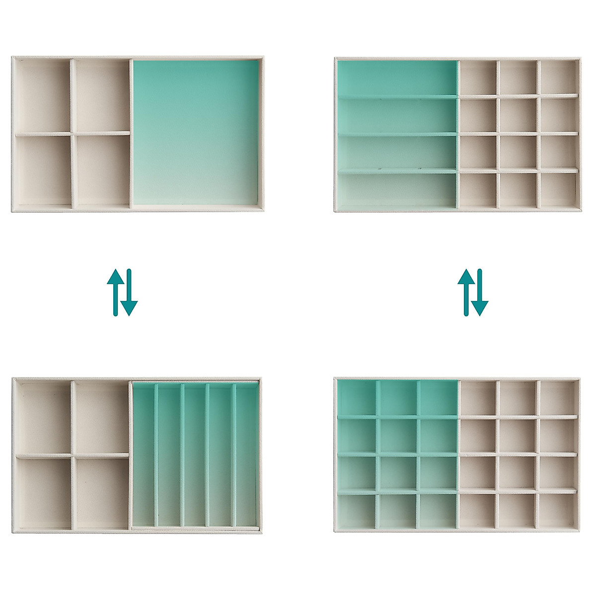 Oyydecor Stackable Jewelry Organizer Tray, Jewelry Drawer Organizer Set of 4 - Earrings, Necklaces, Rings, Bracelets Storage for Women and Girls - Beige.