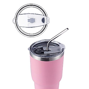 DYNAMIC SE 30oz Tumbler Double Wall Stainless Steel Vacuum Insulated Travel Mug with Splash-Proof Lid Metal Straw and Brush (Pink)