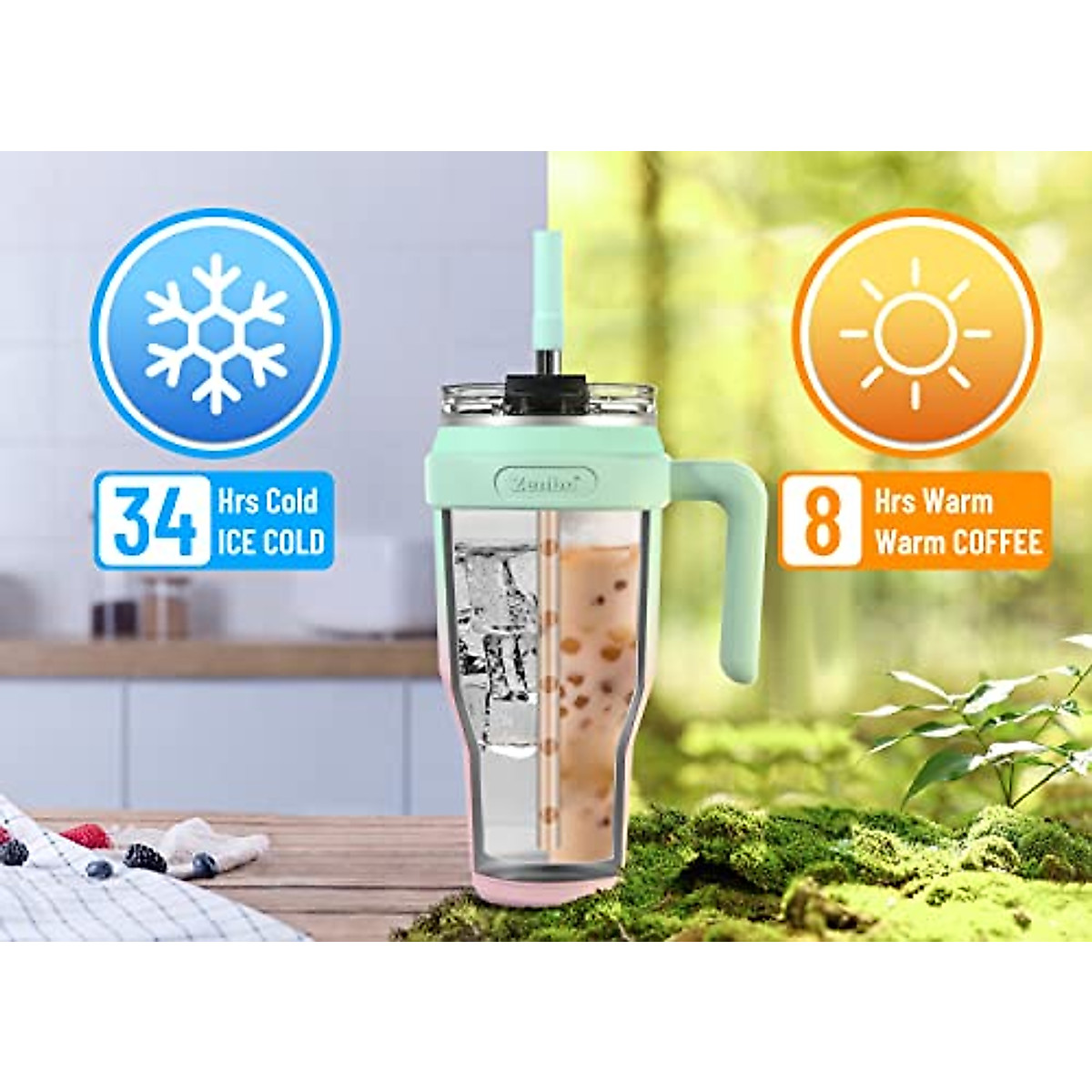 Zenbo 40 oz Tumbler With Handle, Screw on Lid and Straw|Stainless Steel Insulated Tumbler, Keeps Drinks Cold up to 34 Hours, Fit in Car Cup Holder, Dishwasher Safe and BPA Free
