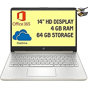 HP Stream 14 Laptop Computer 14" HD Micro-Edge Display Intel Celeron N4020 4GB RAM 64GB eMMC Intel UHD Graphics 600 HDMI USB-C Webcam Office 365 Win 10 (Gold) + HDMI Cable
